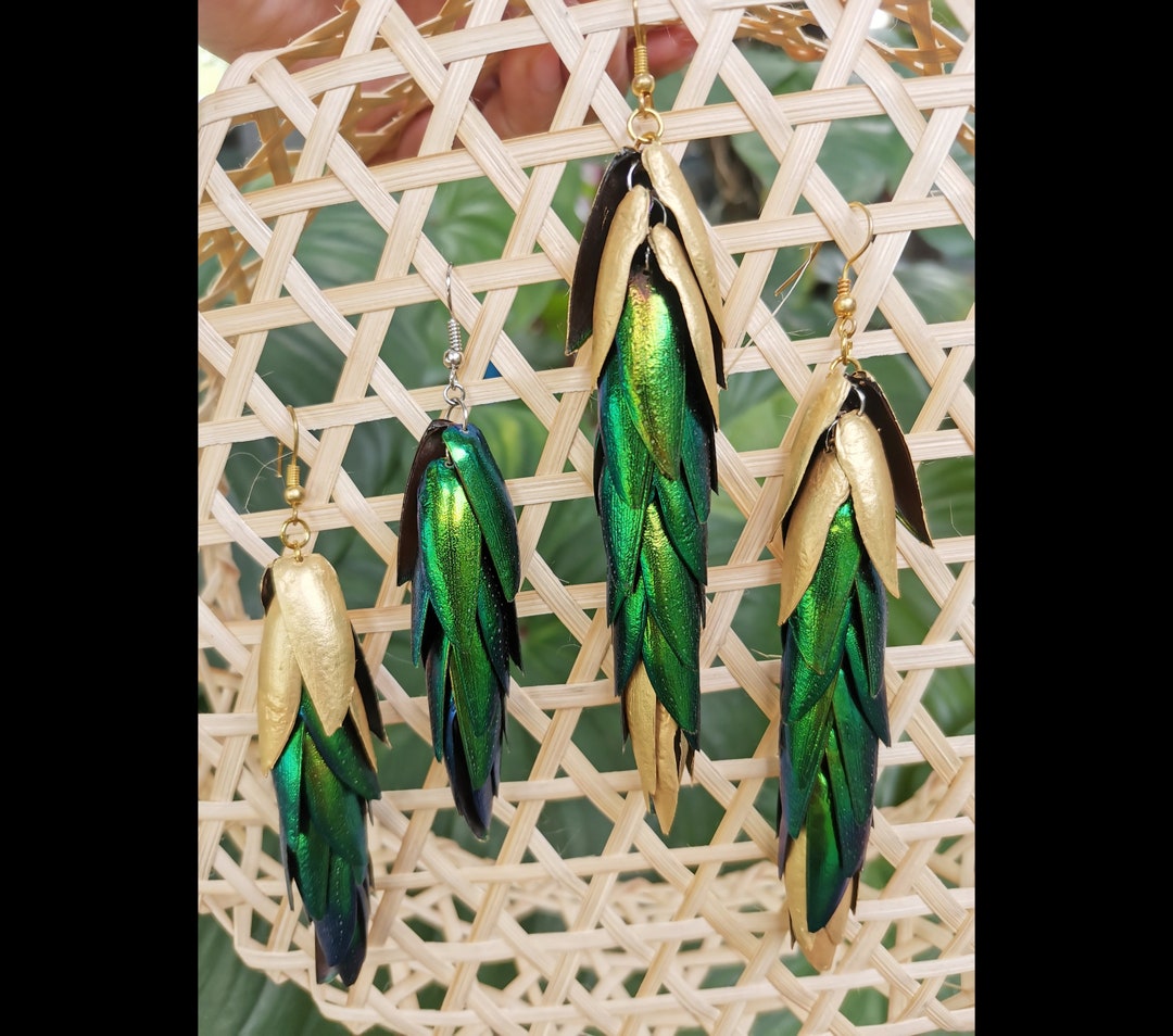 Stunning Jewel Beetle Wings Earrings Gold Green Statement Design ...