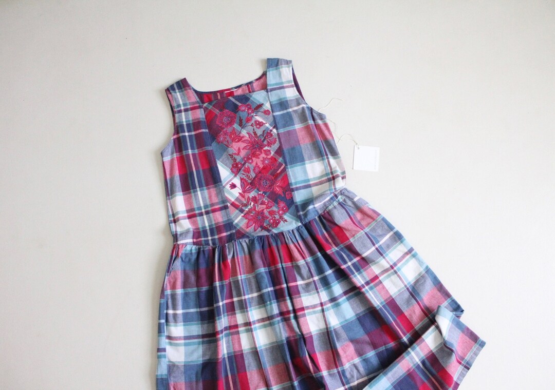 Plaid Cotton Dress | Red & Blue Dress | 1990's Embroidered Dress - Etsy