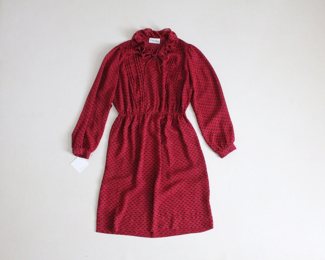 Red Secretary Dress | Geometric Print Dress | Ruffle Collar Dress - Etsy