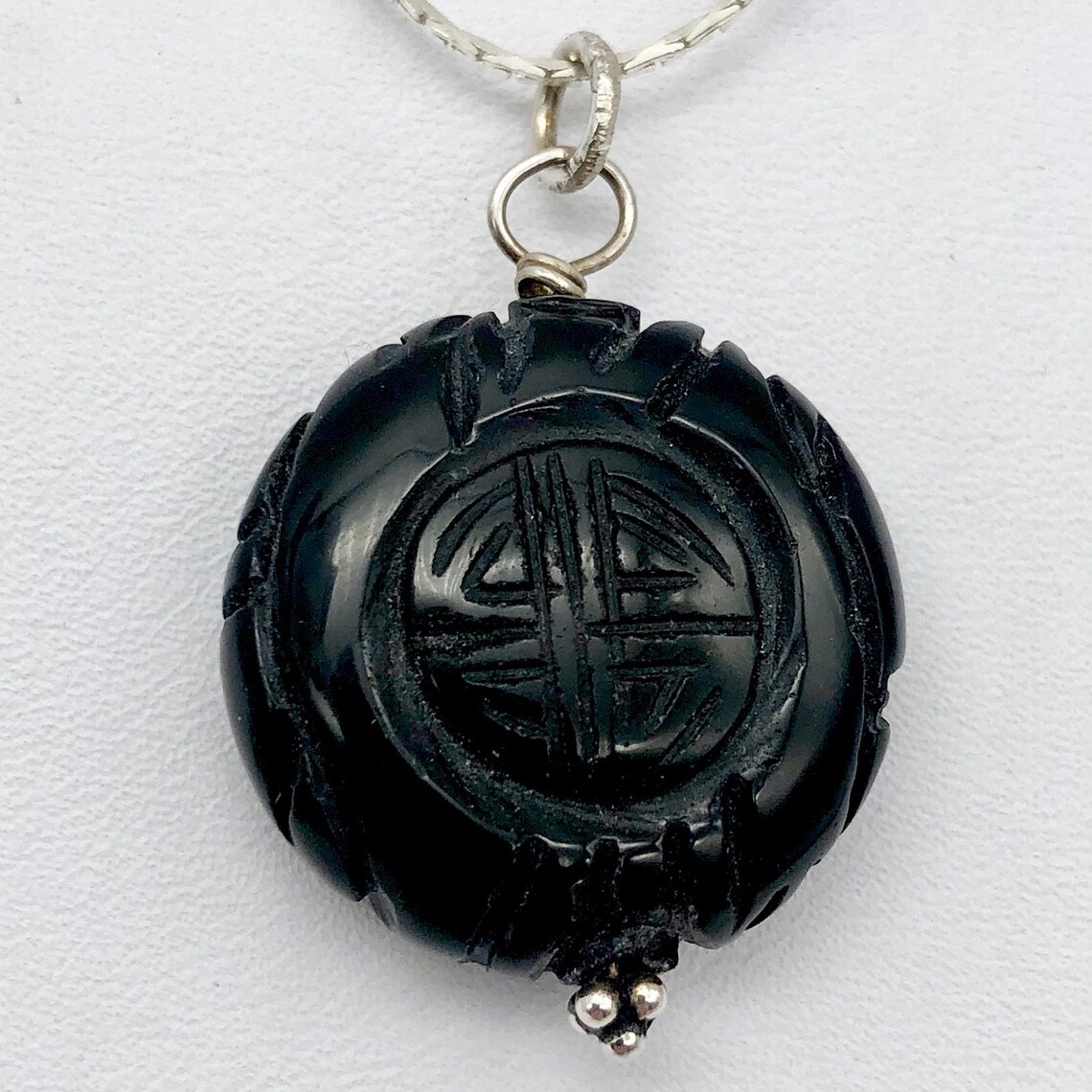 Carved Long Life Obsidian Coin Bead Sterling Silver Pendant - Etsy