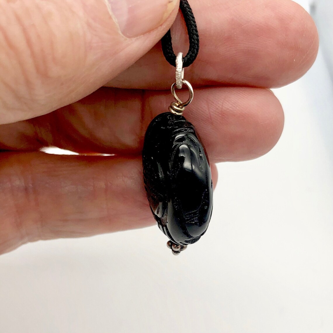 Carved Long Life Obsidian Coin Bead Sterling Silver Pendant - Etsy