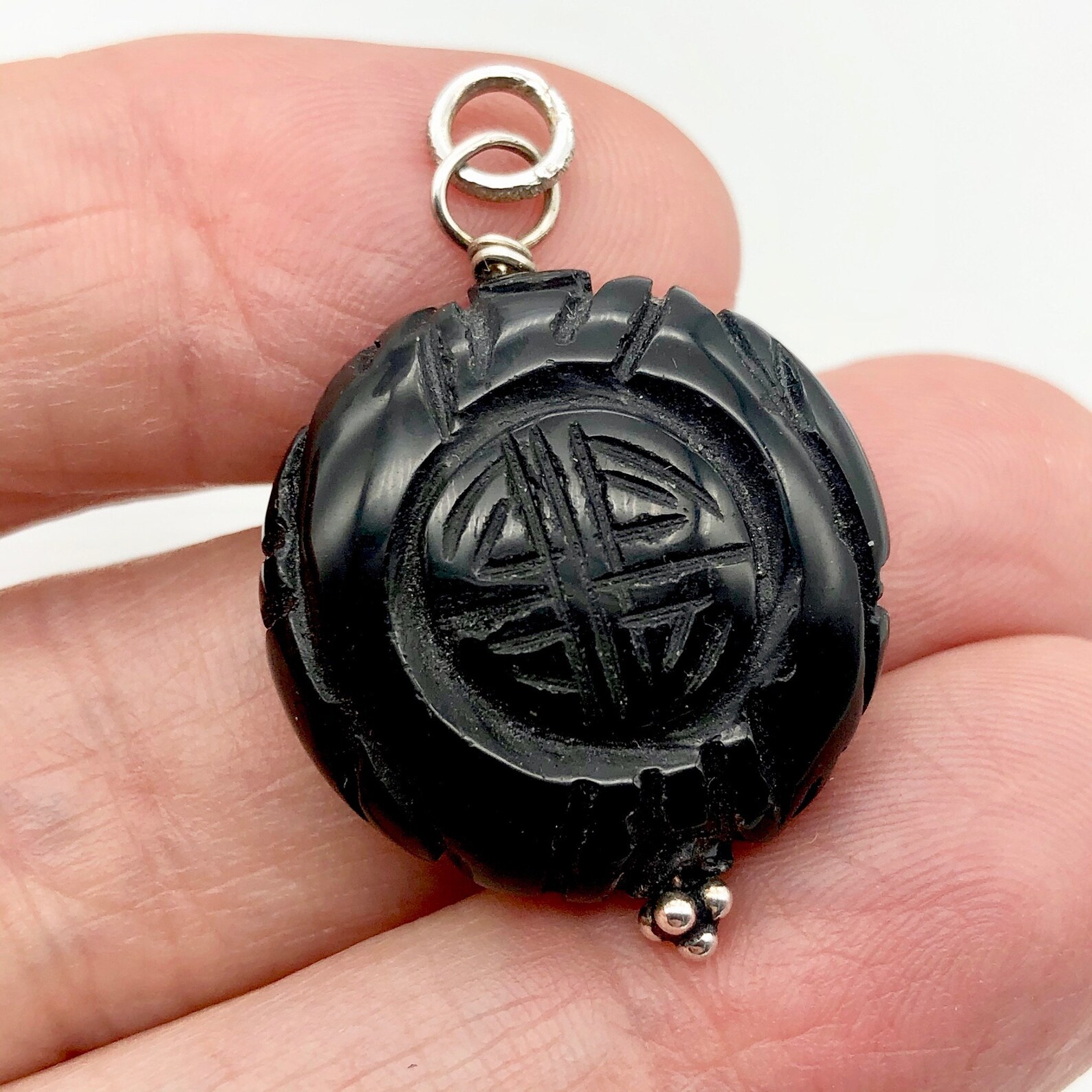 Carved Long Life Obsidian Coin Bead Sterling Silver Pendant - Etsy