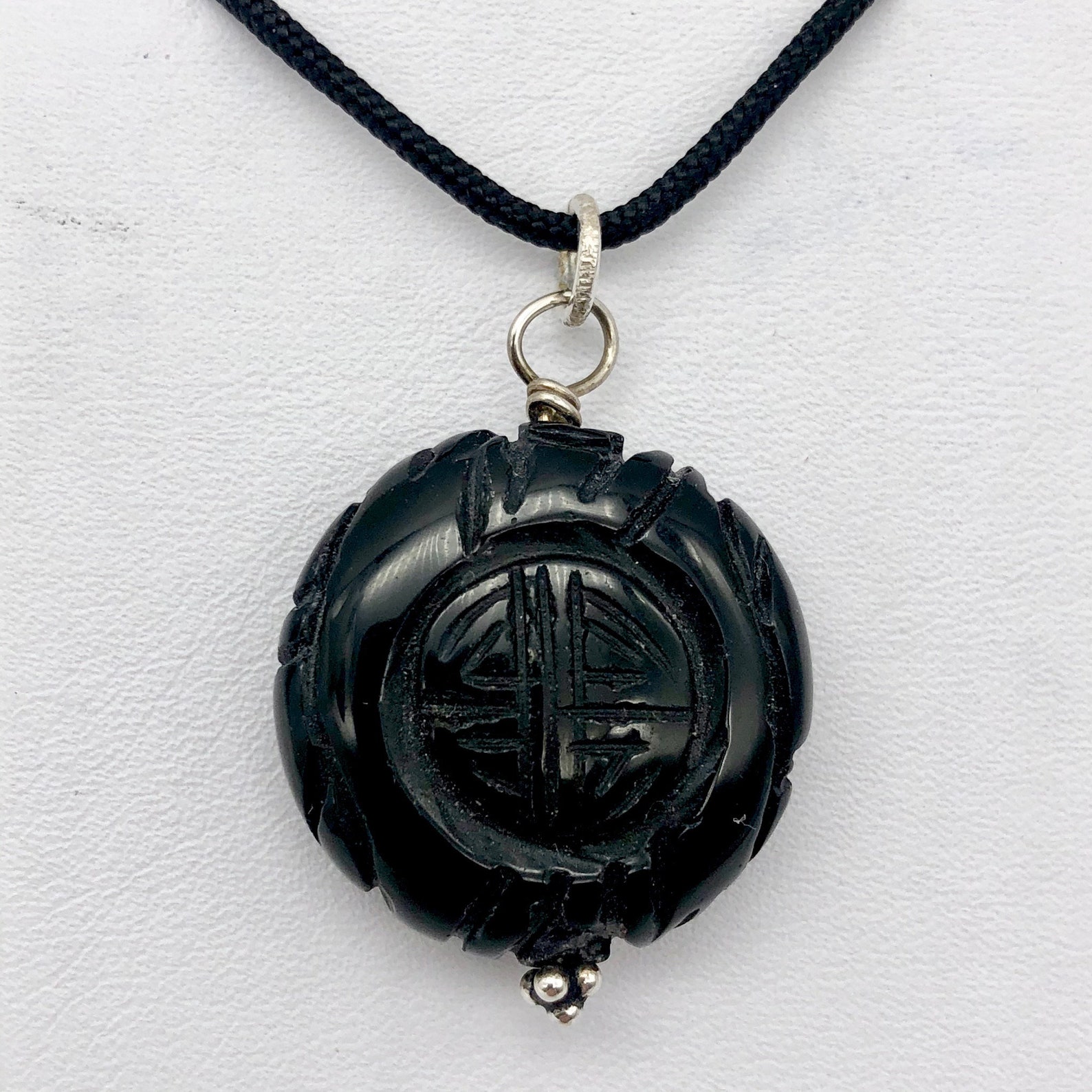 Carved Long Life Obsidian Coin Bead Sterling Silver Pendant - Etsy