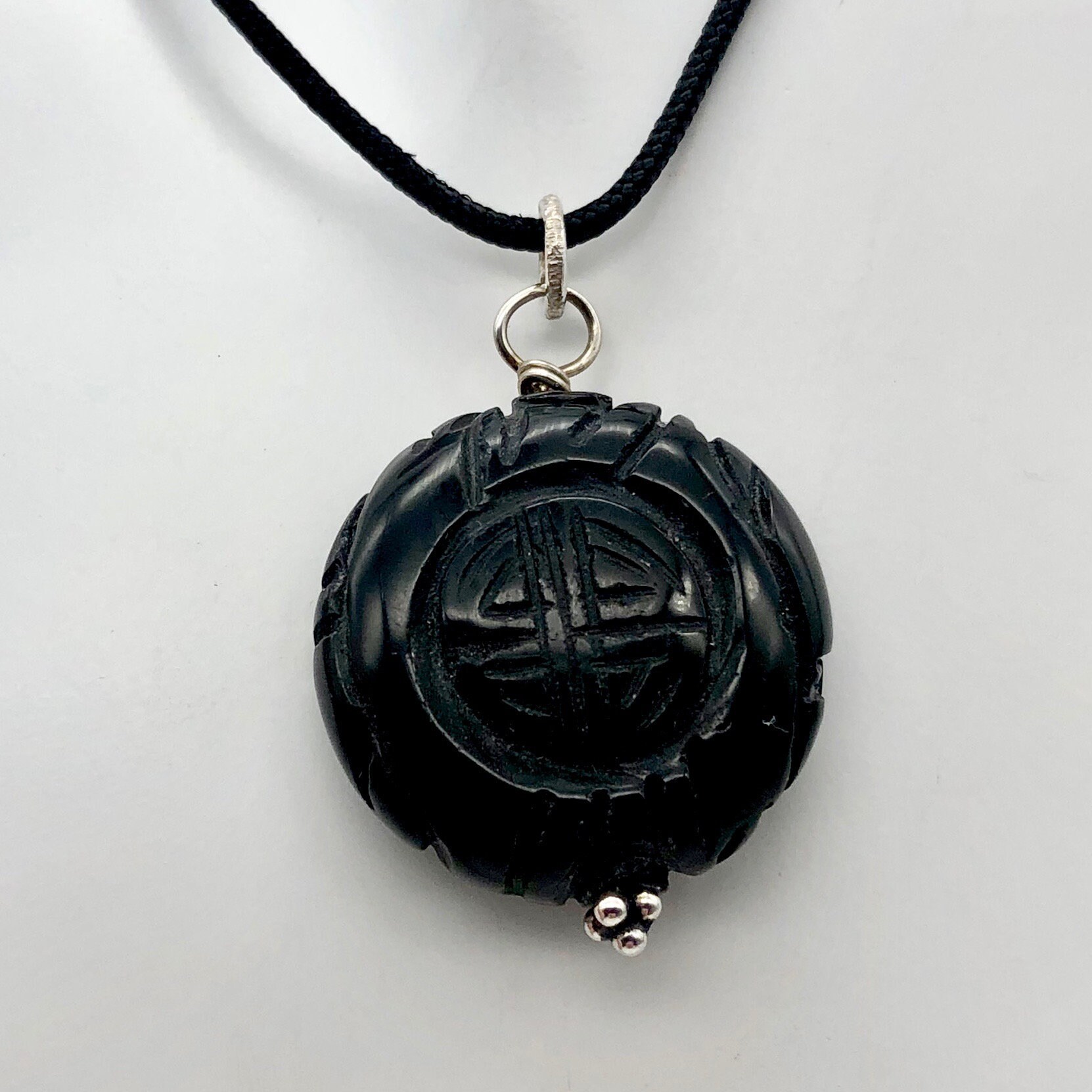 Carved Long Life Obsidian Coin Bead Sterling Silver Pendant | Etsy