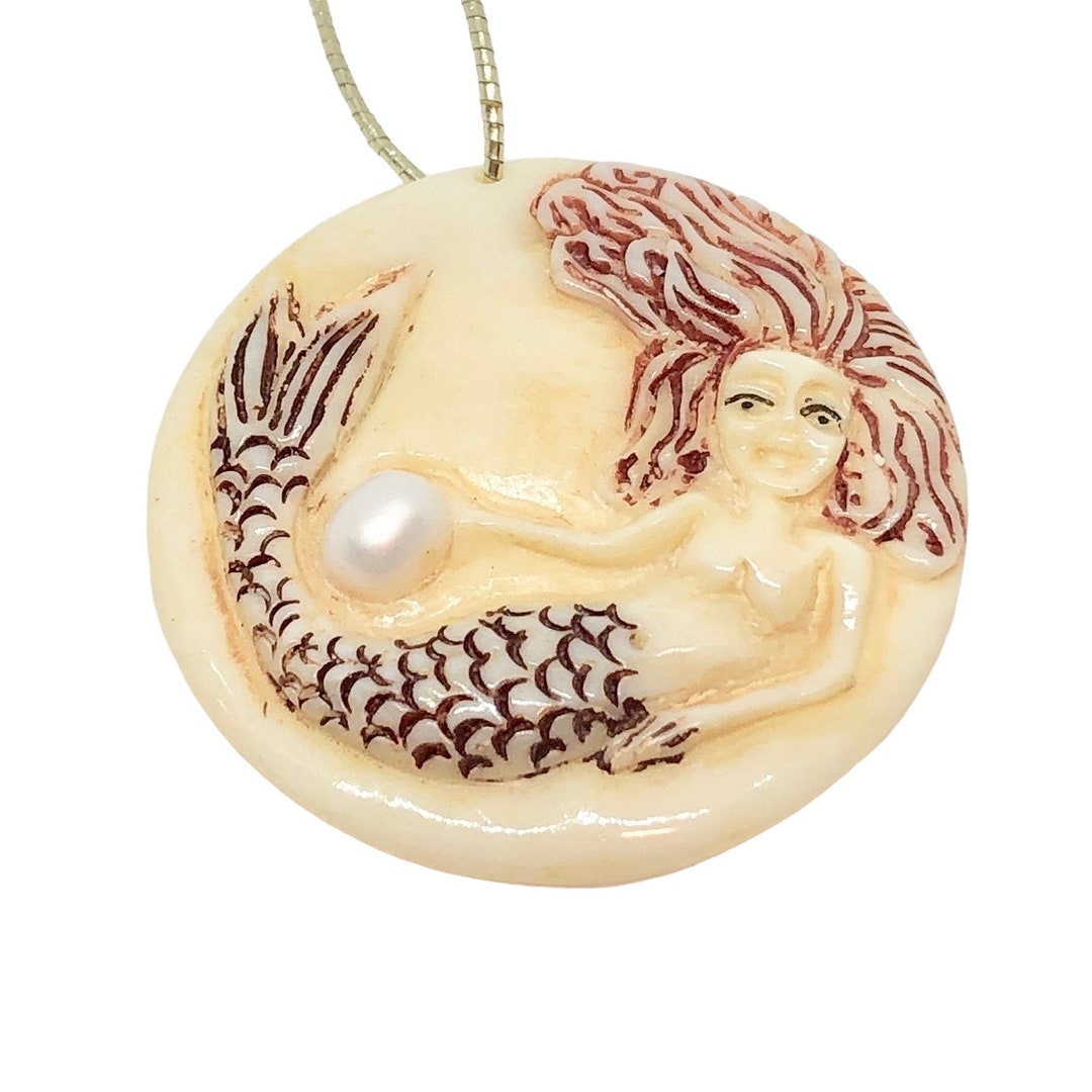 Carved Mermaid With Pearl Coin Bone Bead | 34x5.5mm | 1 Bead | - Etsy