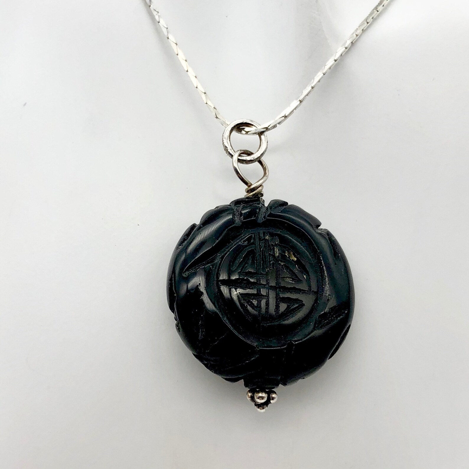Carved Long Life Obsidian Coin Bead Sterling Silver Pendant - Etsy