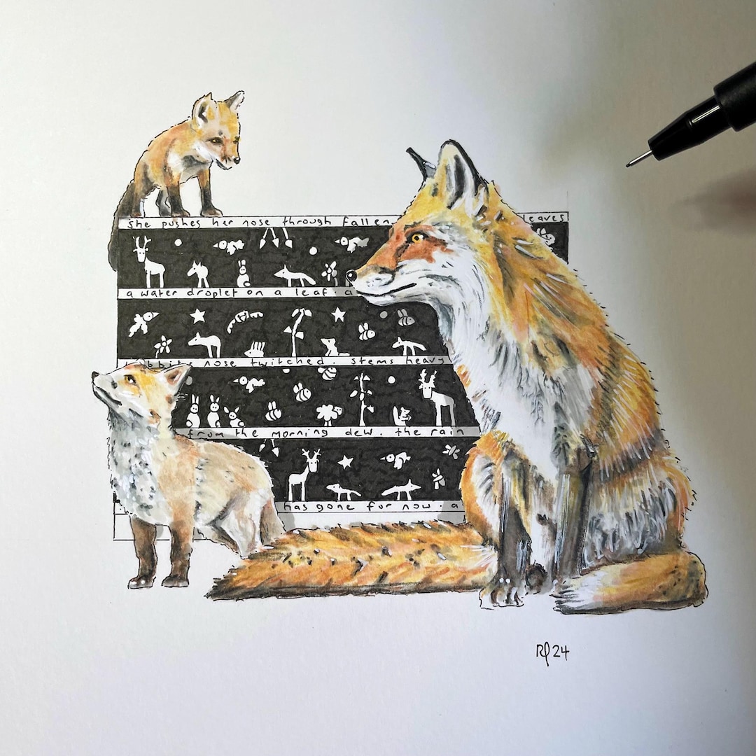 Fox Family Original Art, Fox and Cubs Drawing, Hand Drawn Animal Art ...