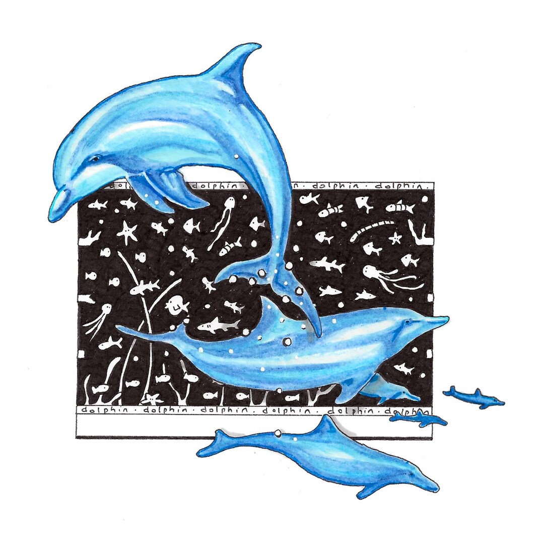 Dolphin Art Print – Bright Blue Dolphins With Ocean Life in the ...