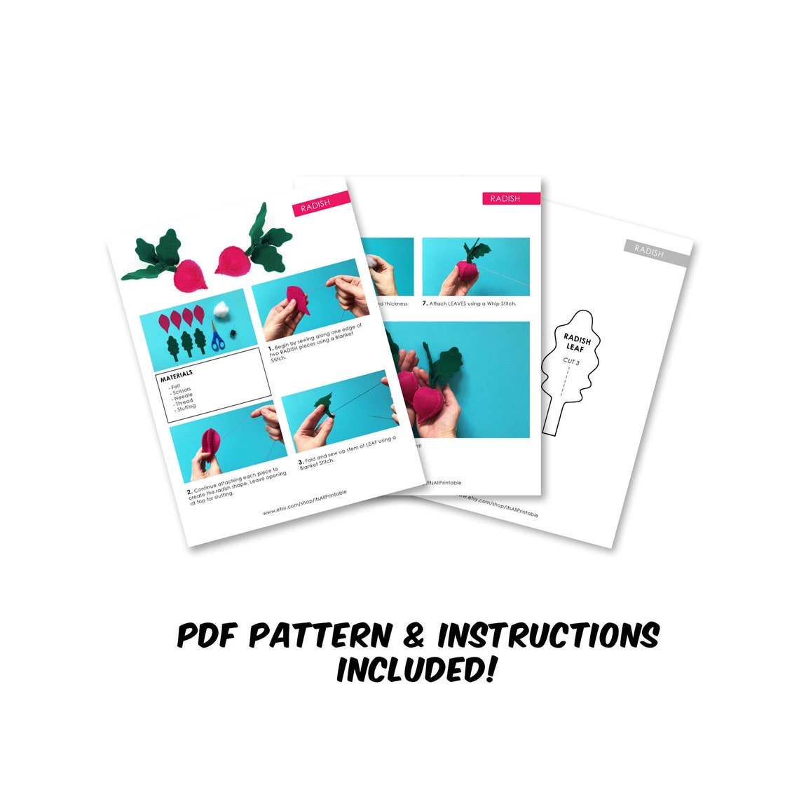 Radish PDF Felt Pattern - Easy Play Food DIY Template & Instructions Hand Sewing Handmade ...