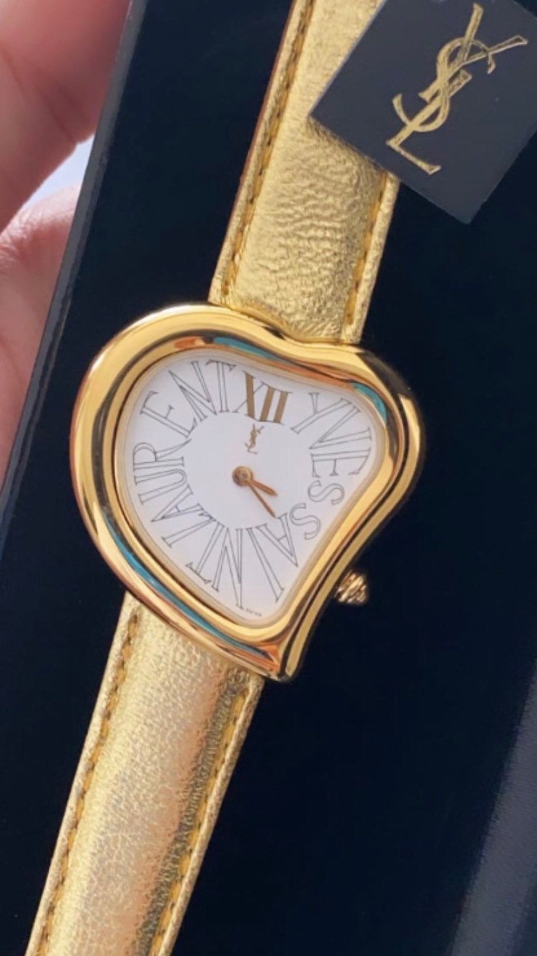 Authentic Yves Saint Laurent 1990s Gold Tone Heart Watch Gold Leather ...