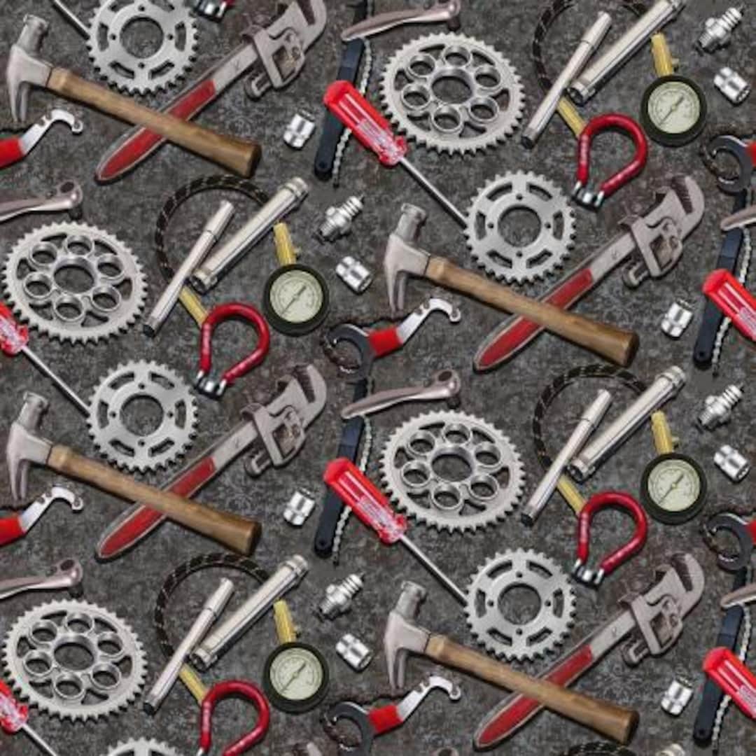 Mechanic Tools, Fabric by Yard, Half Yard, Charcoal Tossed Tools ...