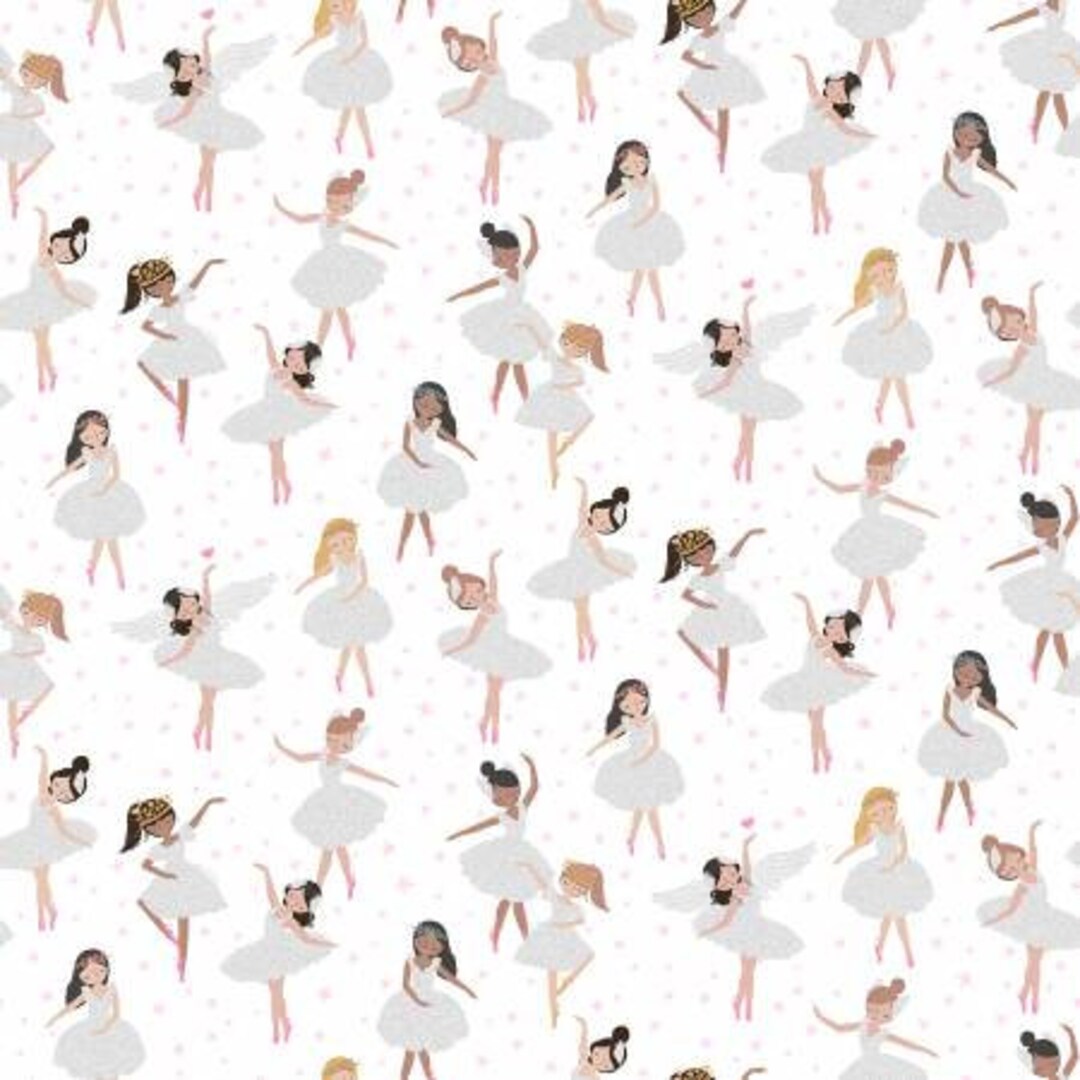 Ballerina Dancing Fabric - White Glitter Girls - Cotton Fabric - Dear ...