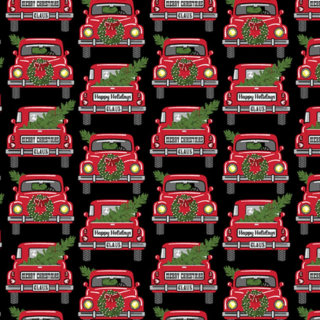 Jolly Red Trucks Christmas, Fabric by Yard, Half Yard, Cotton Fabric ...