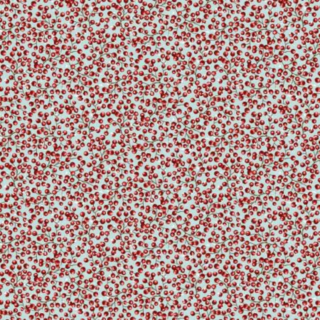 Red Berries, Fabric by Yard, Half Yard, Berries on Light Blue, Cotton ...