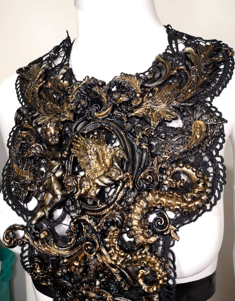 Black Anf Gold Bib Necklace Jewel Rococo Couture Fashion - Etsy