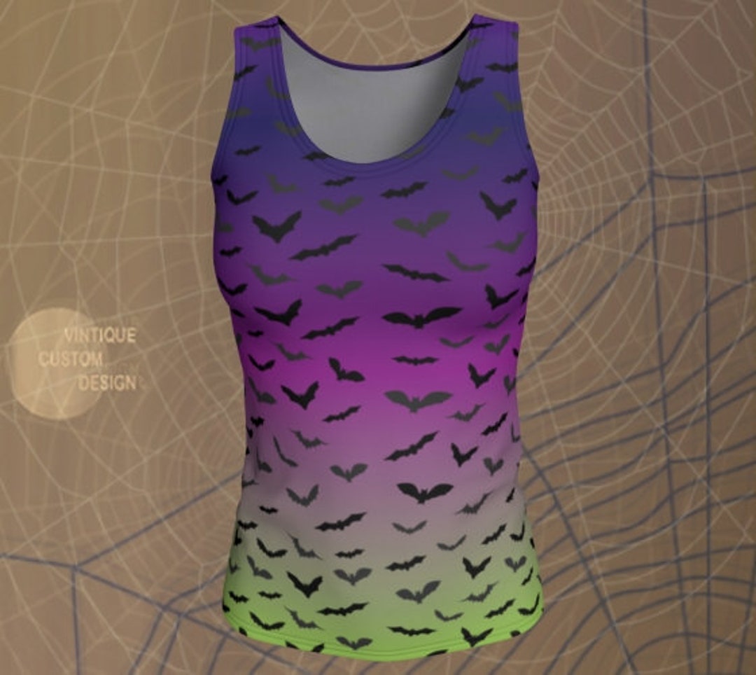 HALLOWEEN BAT TANK Top Purple & Green Ombre Print Tank Top Shirt Womens ...