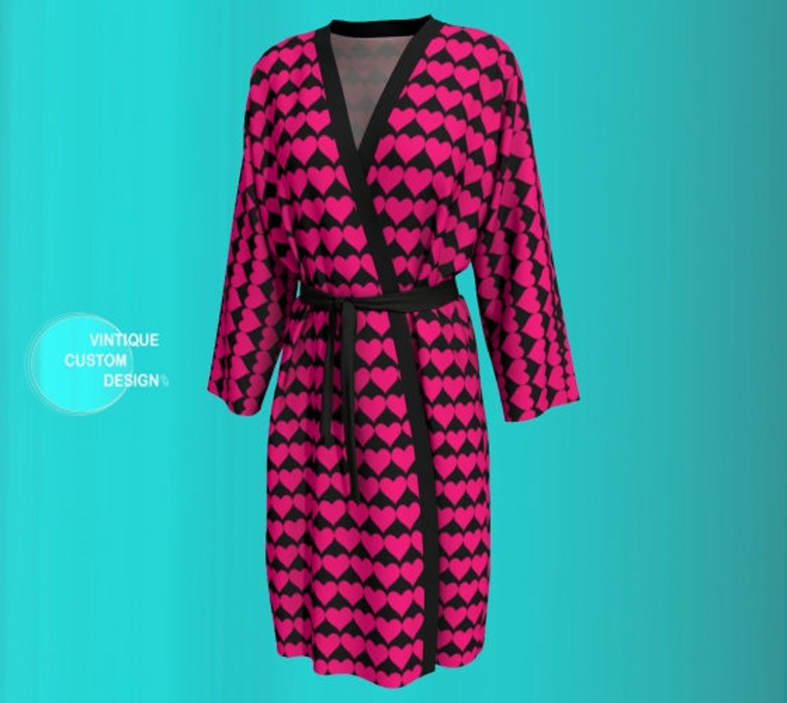 Pink and Black Heart Robe VALENTINES Day KIMONO ROBE Peignoir | Etsy