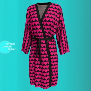 Pink and Black Heart Robe VALENTINES Day KIMONO ROBE Peignoir Robe ...