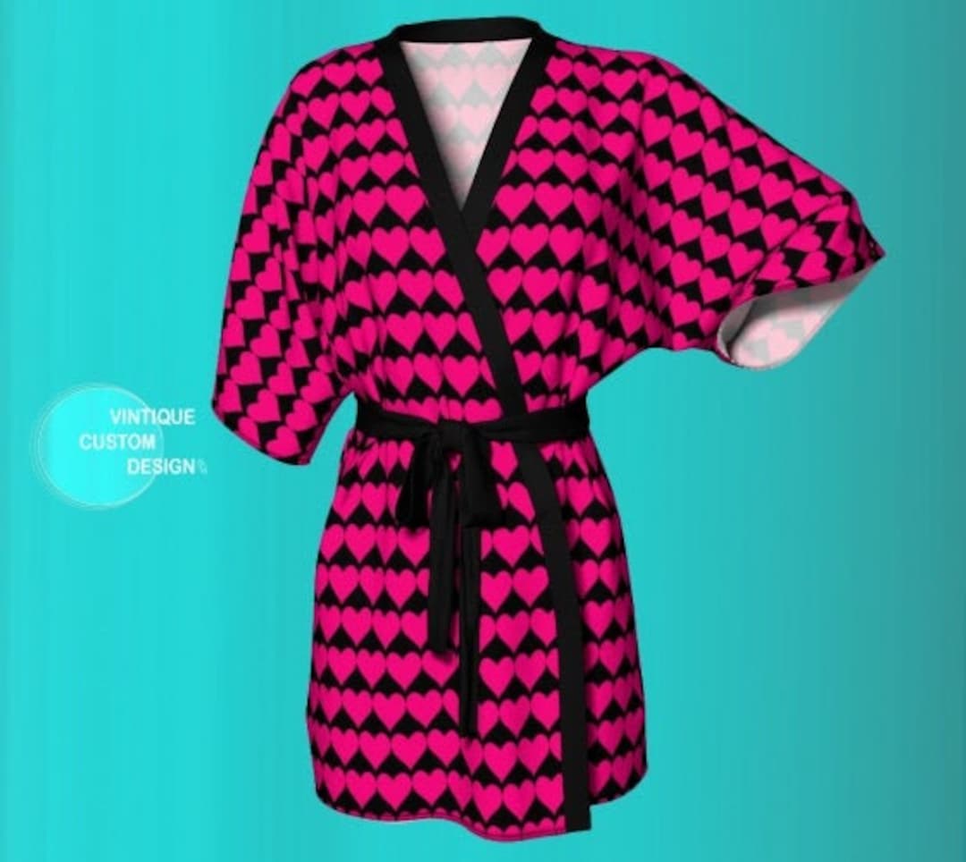 Pink and Black Heart Robe VALENTINES Day KIMONO ROBE Peignoir Robe ...