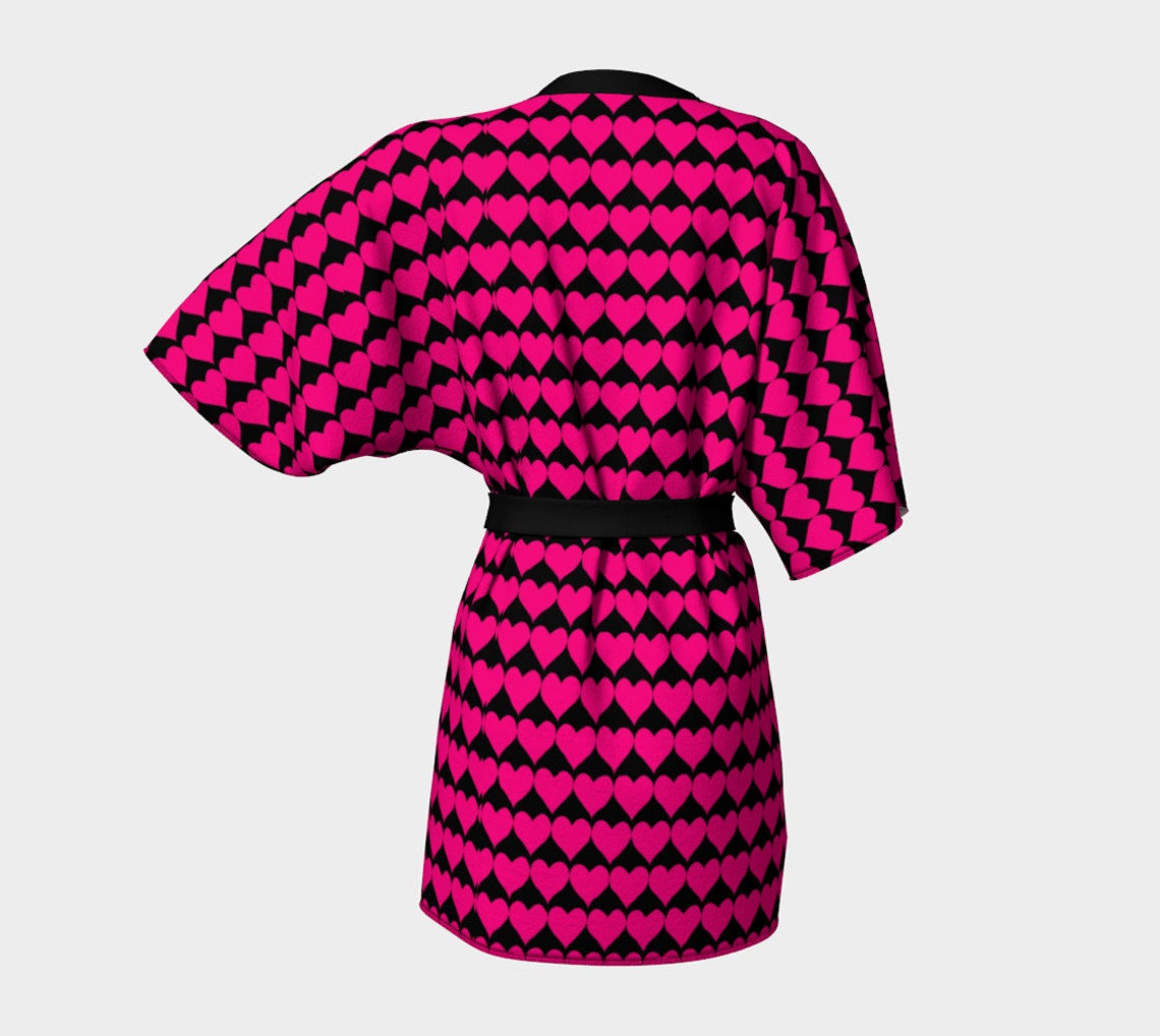 Pink and Black Heart Robe VALENTINES Day KIMONO ROBE Peignoir | Etsy