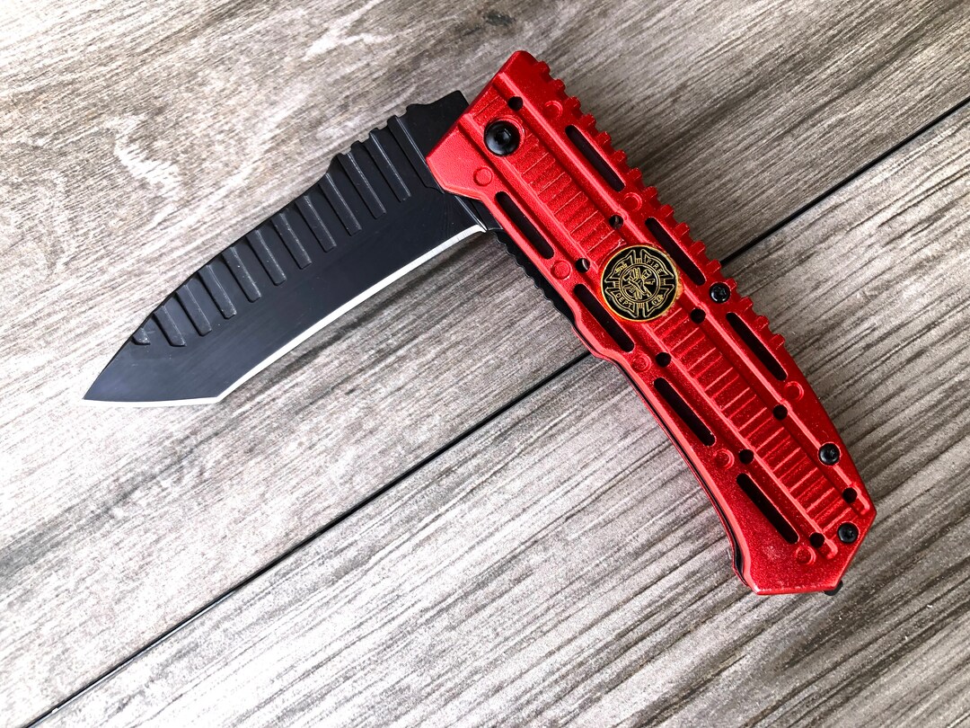 FIRE DEPT. Folding Pocket Knife. 8 Tactical Firefighter Spring Assisted Opening Folder Rescue ...