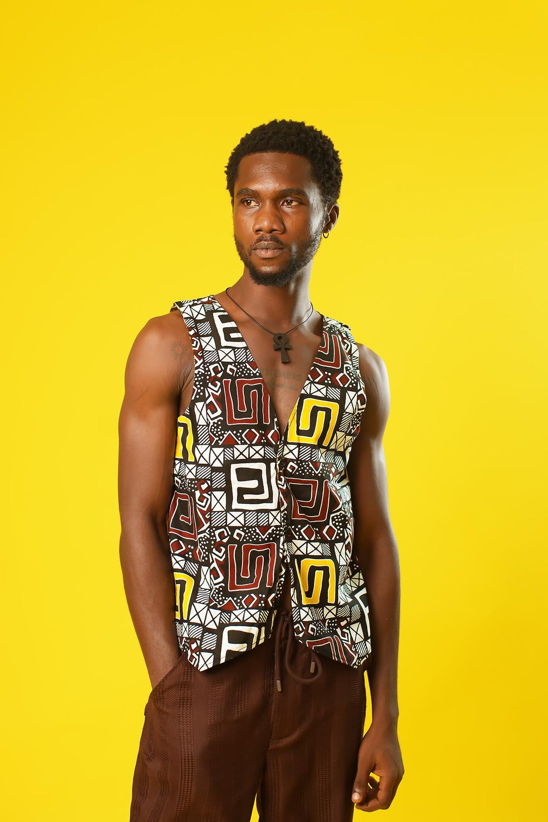Reversible African Print Vest: Brown 70s Boho Festival Waistcoat - Etsy