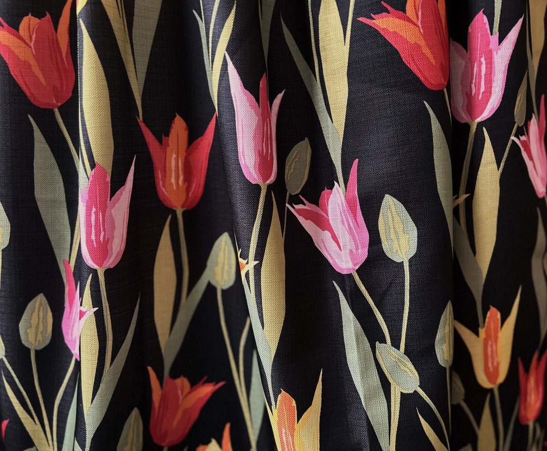 Pair of Curtains Printed With Tulips on Strong Colour on Black Bottom ...