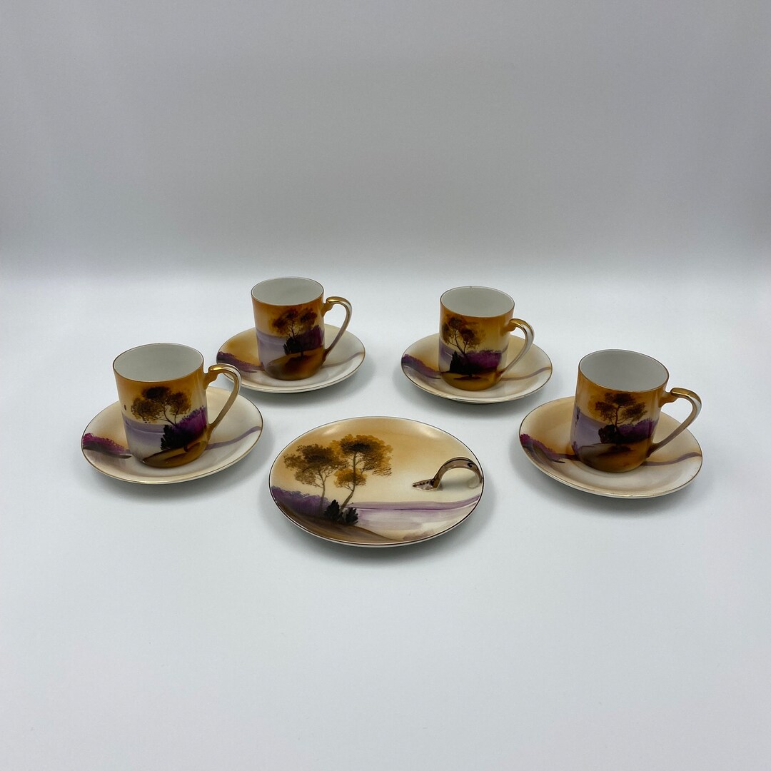 Noritake Hand Painted Lake Scene Set of Four Tea Cups With Matching ...