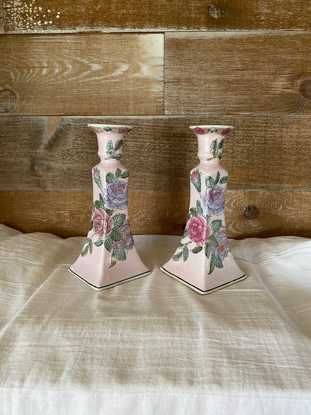 Ceramic Pink Floral Candlestick Holders Set of Two Pink Purple Flowers ...