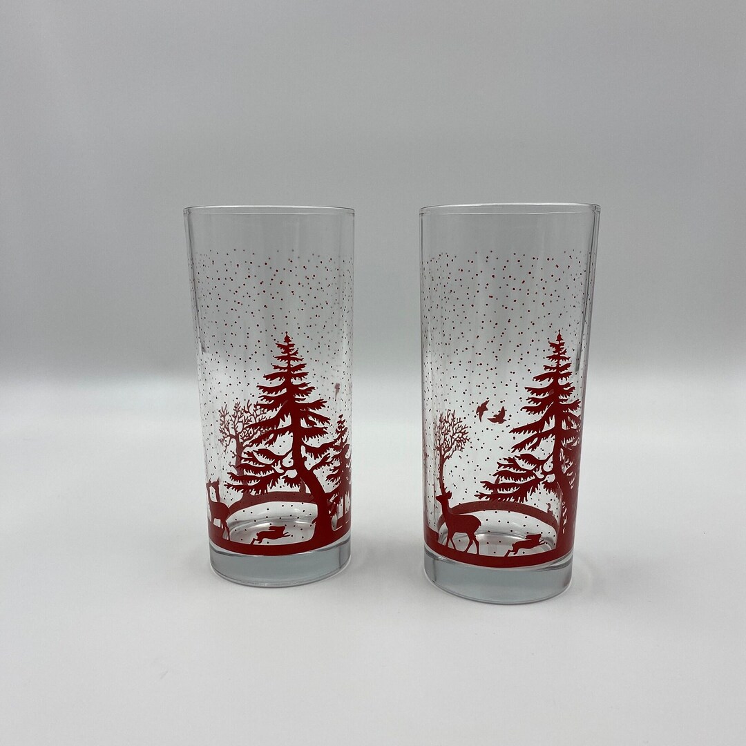 Winter Scene Glass Tumblers Set of Two Vintage Clear Glass With Red ...