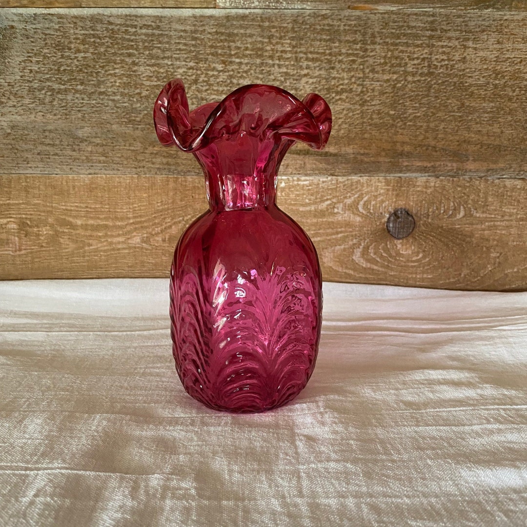 Cranberry Glass Ruffle Top Square Base Vintage Home Decor Pink Glass ...