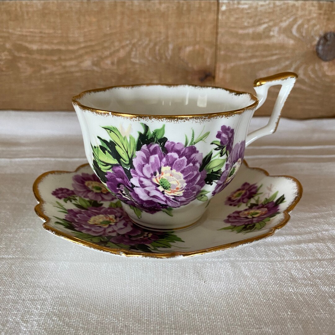 Salisbury Teacup and Saucer Set With Purple Flower Design Bone China ...