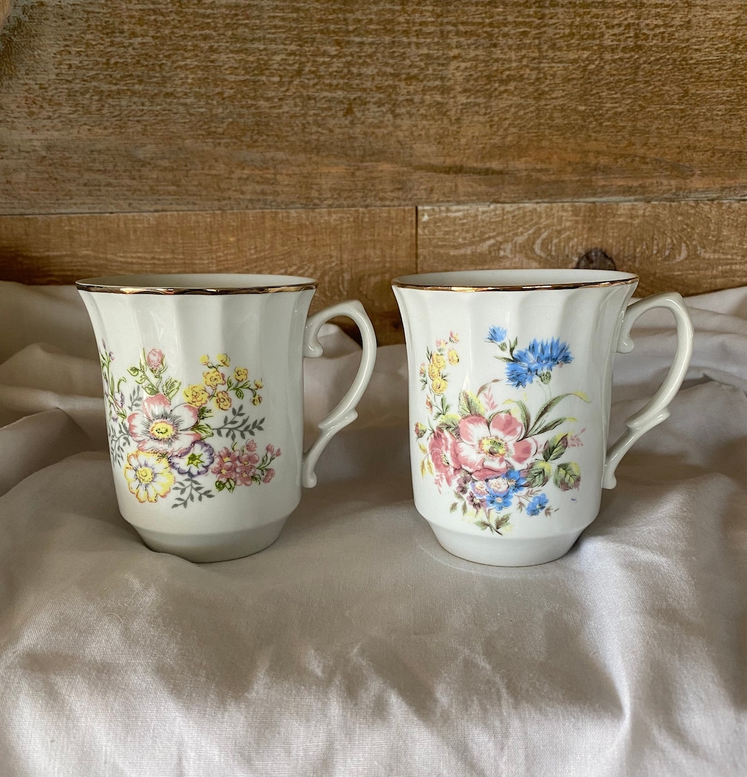 Large Coffee Mugs With Floral Design Vintage Set of Two Flowers on Each ...