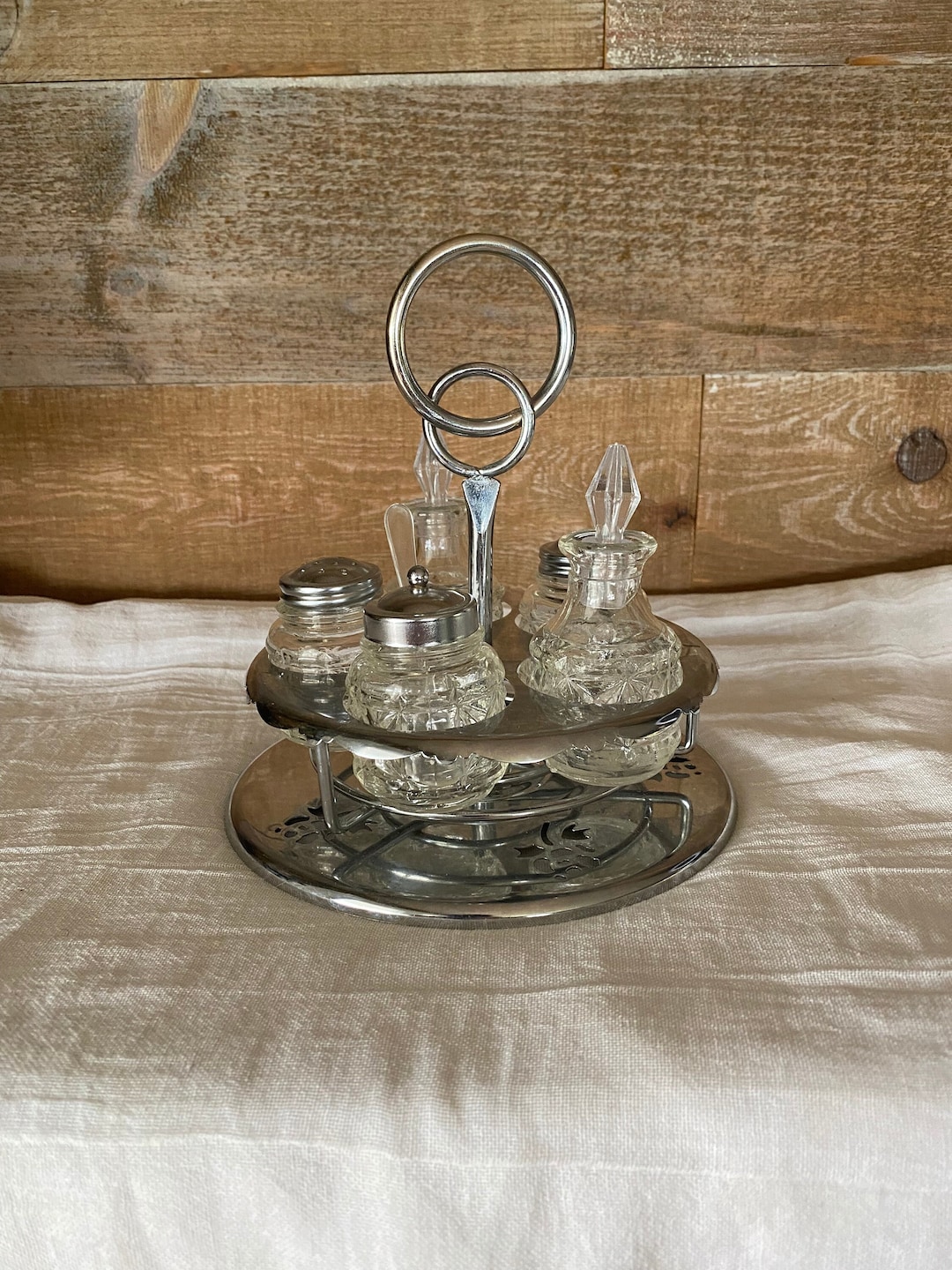 Cruet Set in Rotating Metal Holder Vintage Glass Jars Metal and Plastic ...
