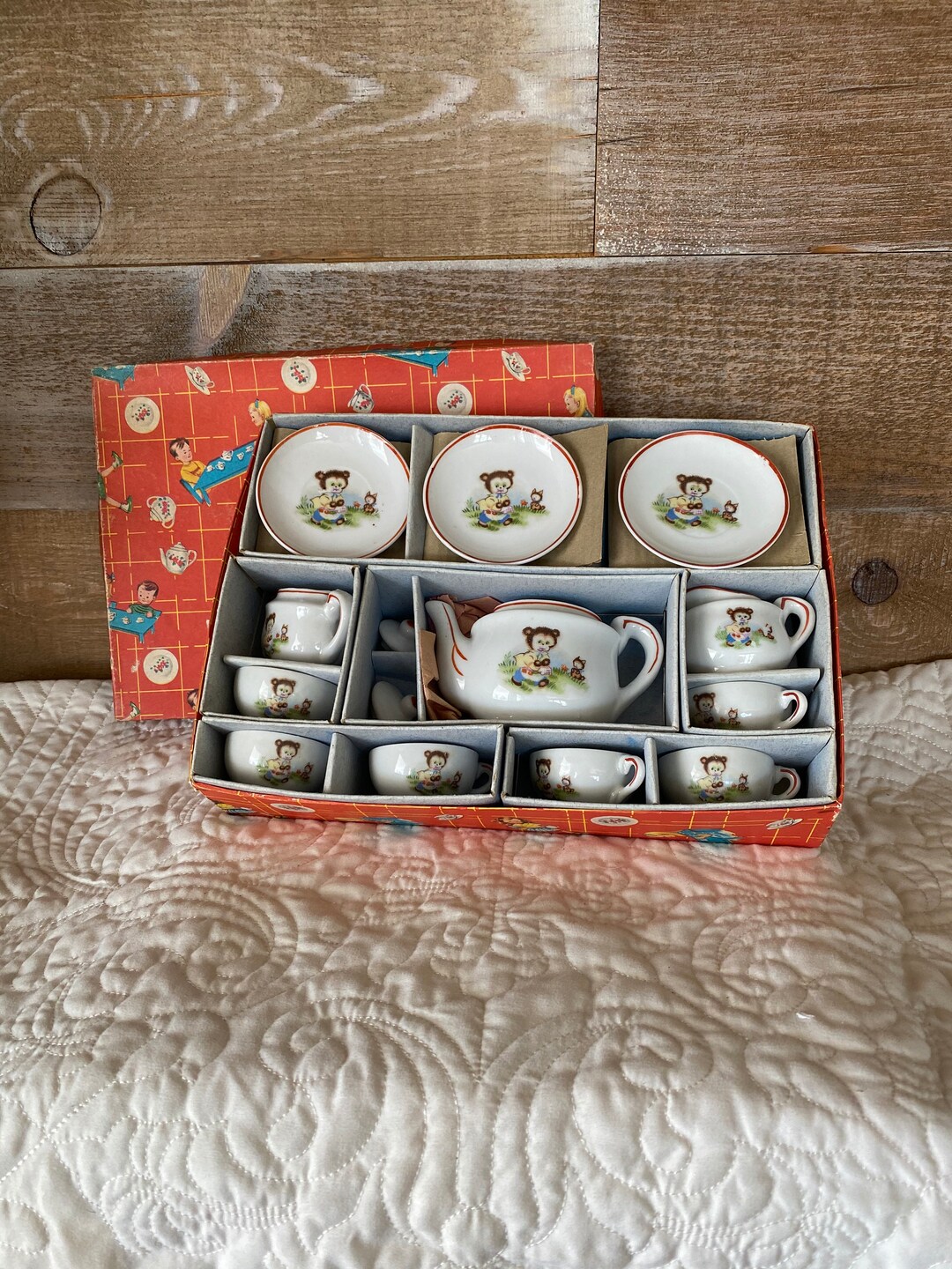 Childs Tea Set 16 Piece Tea Party Child Set of Dishes With Bear and Cat ...
