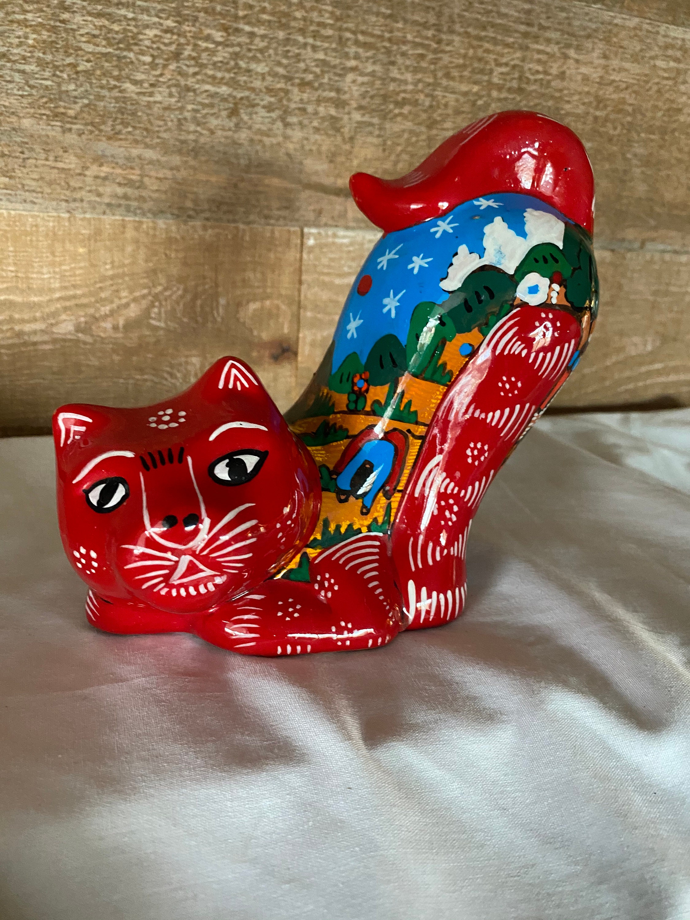 Red Clay Pottery Cat Figurine Stretching in Red White With - Etsy