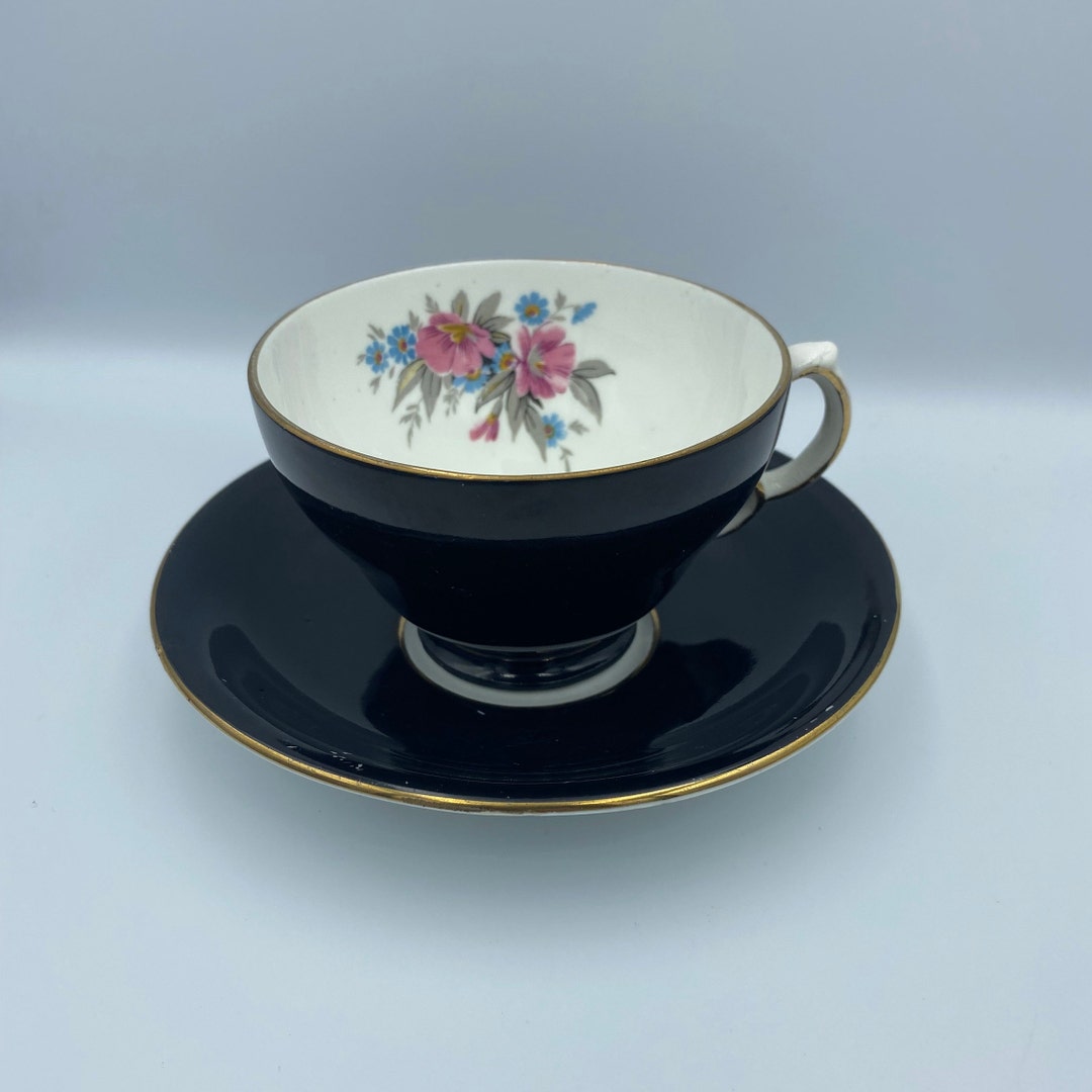 Melba Tea Cup and Saucer Black With White Inner and Pink and Blue ...