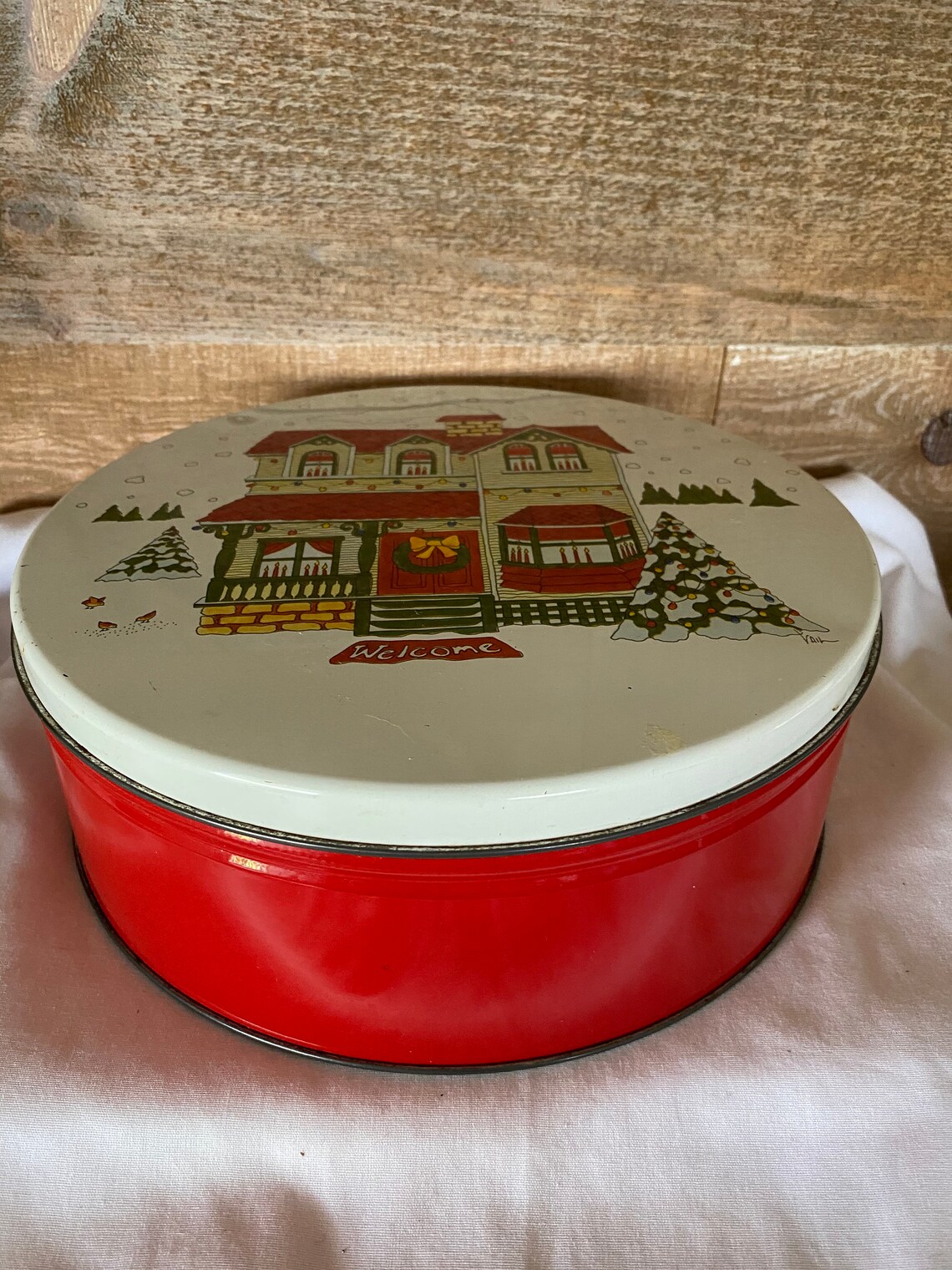 Large Cookie Tin With Christmas House Signed Top Round Big - Etsy