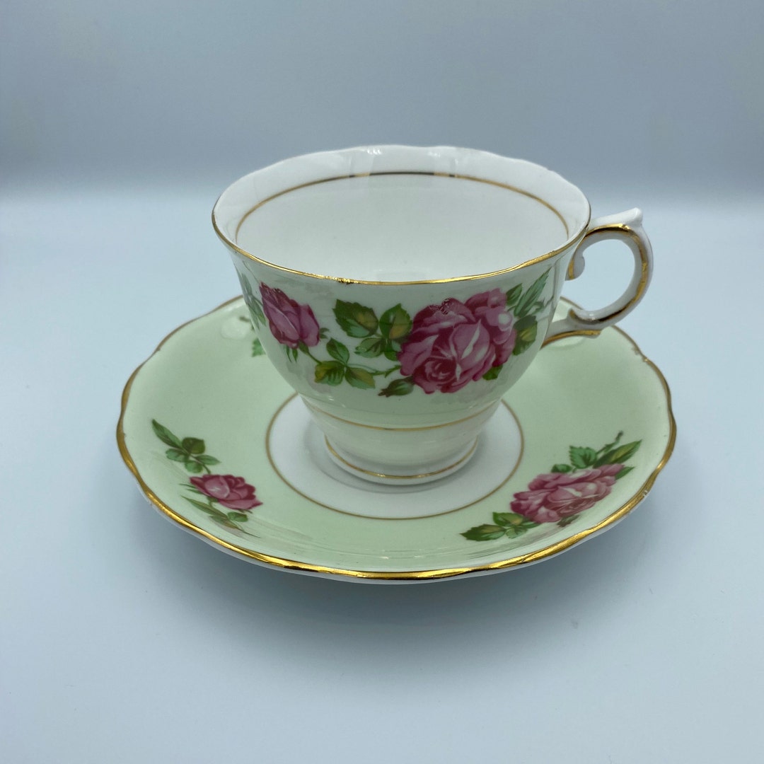 Colclough Tea Cup and Saucer Mint Green With Pink Roses Vintage ...