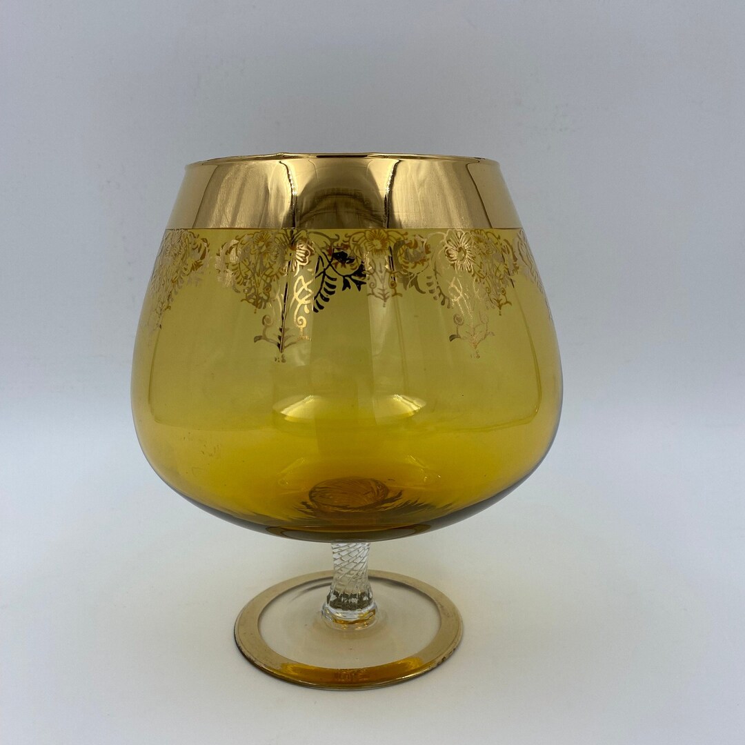 Amber Glass Rose Bowl With Gold Floral Design Wide Gold Rim - Etsy