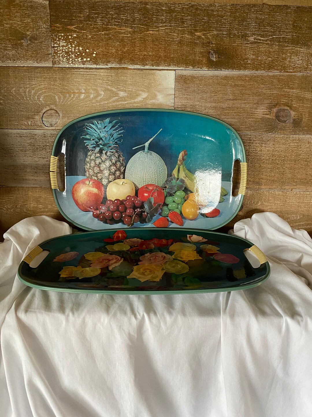 Lacquer Ware Tray Fruit and Roses MCM Vintage Set of Two Vintage ...