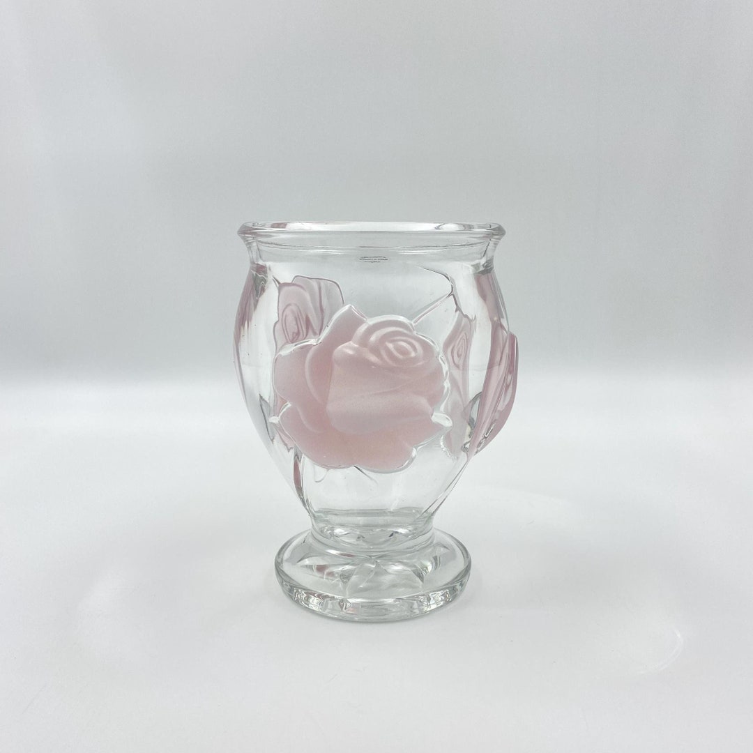 Elegant French Teleflora Glass Vase With Raised Pink Roses Perfect for ...