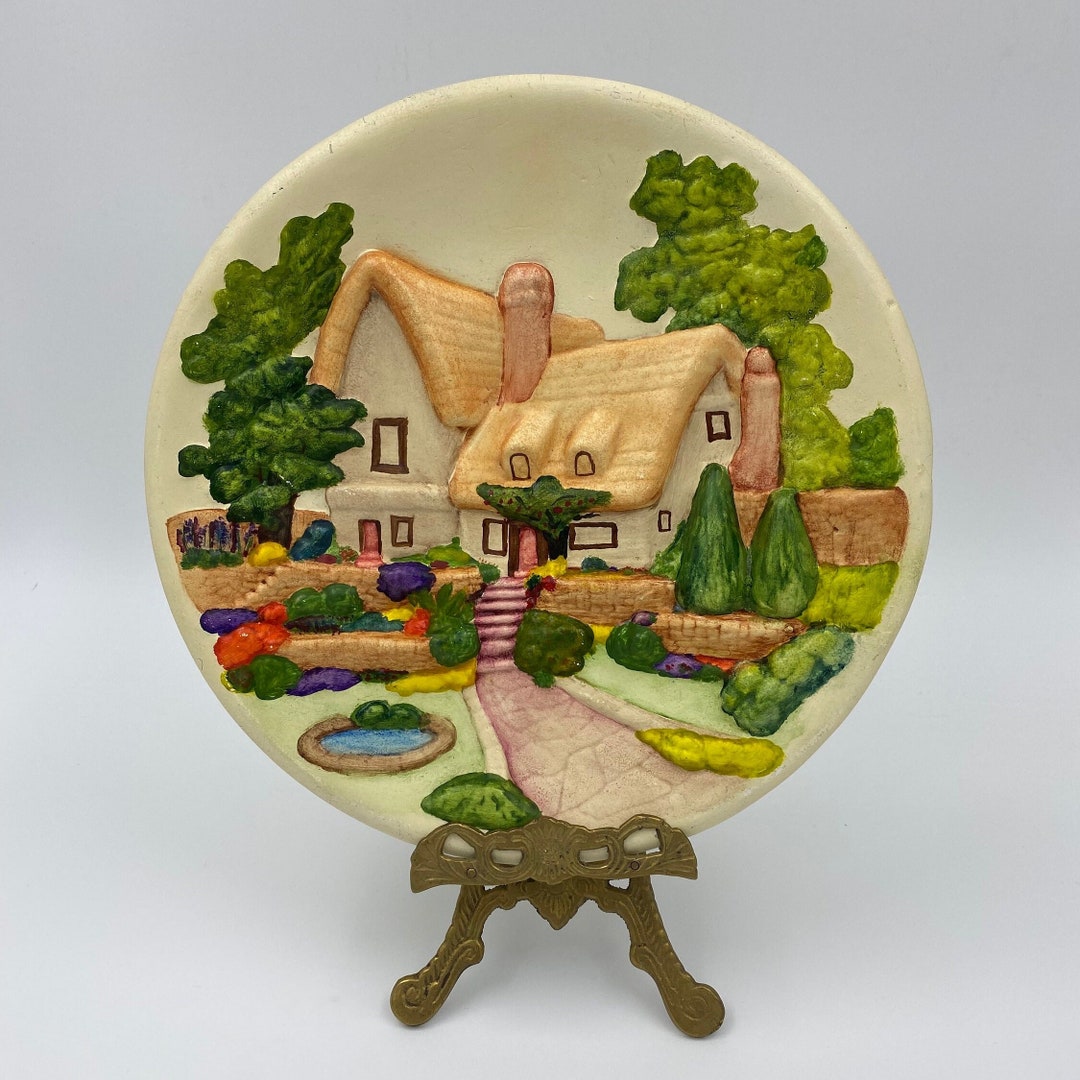Ceramic Cottage Plate Wall Decor 3D Design Raised Cottage Scene Hand ...