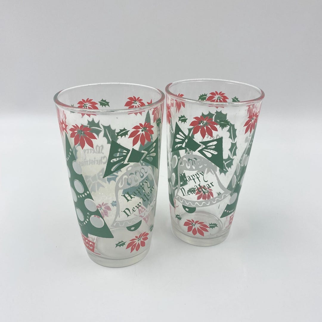 Hazel Atlas Happy New Merry Christmas Glass Tumblers Vintage Holiday ...