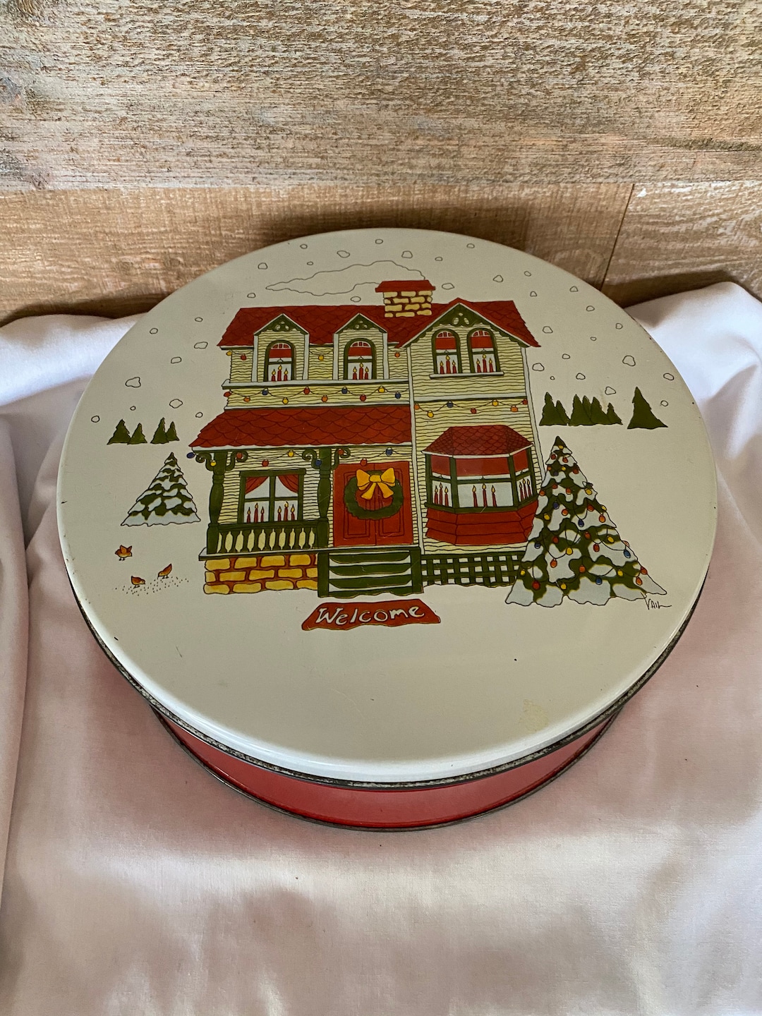 Large Cookie Tin With Christmas House Signed Top Round Big Cookie Tin ...