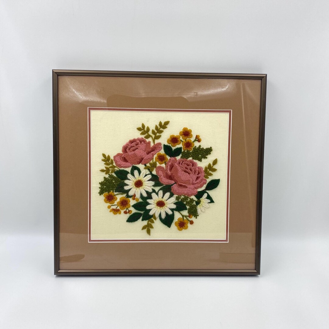 Floral Crewel Art Vintage and Framed Embroidered Bouquet in Light ...