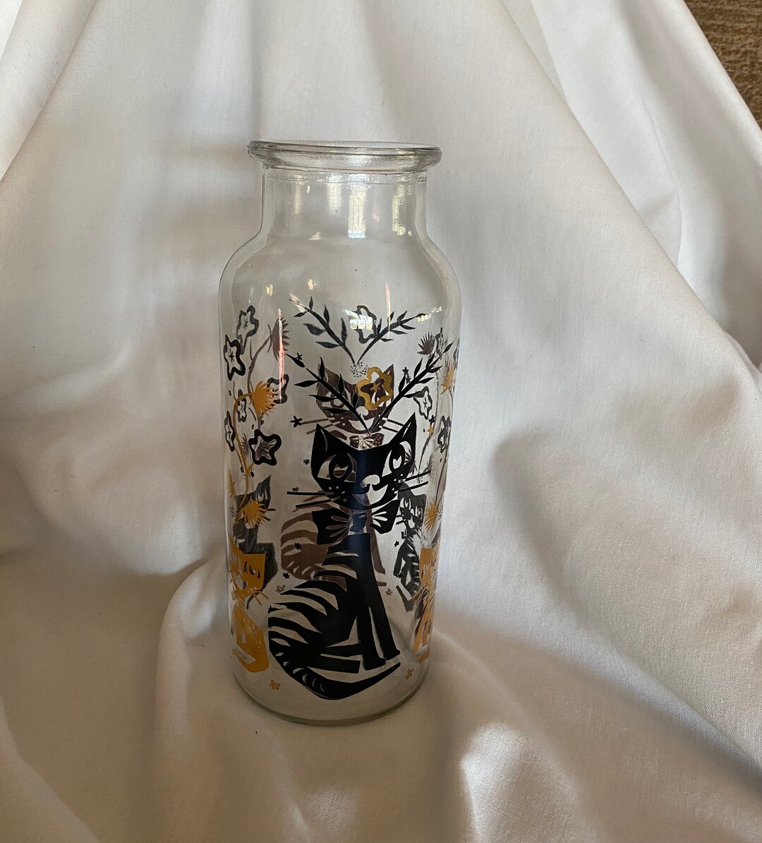 Siamese Cats Design Vase in Black and Gold Atomic Style Glass Vase Cat ...