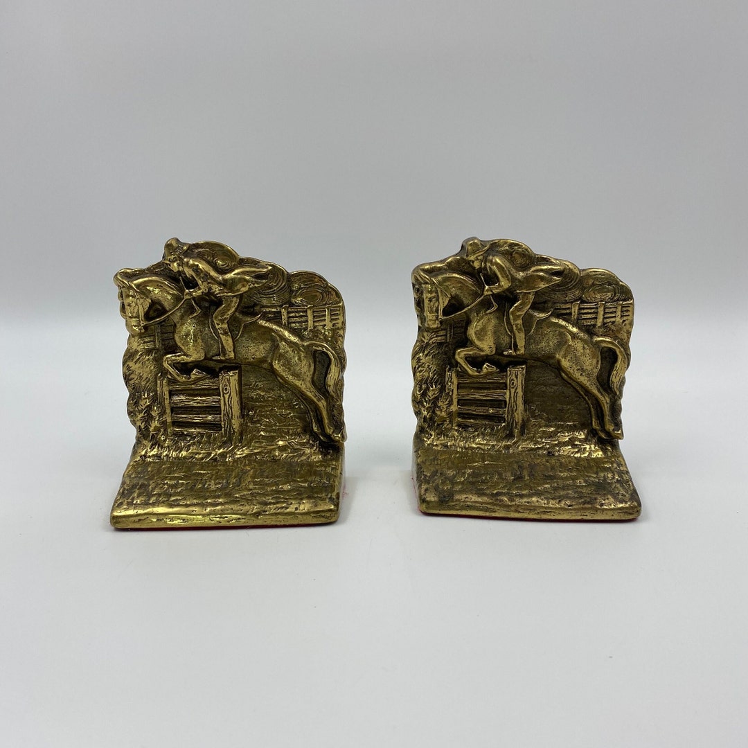 Cast Brass Jockey Horse Jumping Bookends Heavy Brass Bookends Etsy