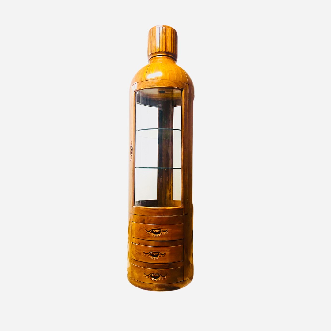 Teak Bottle Shaped Display Cabinet Glass Displays Wooden Drawers Unique ...