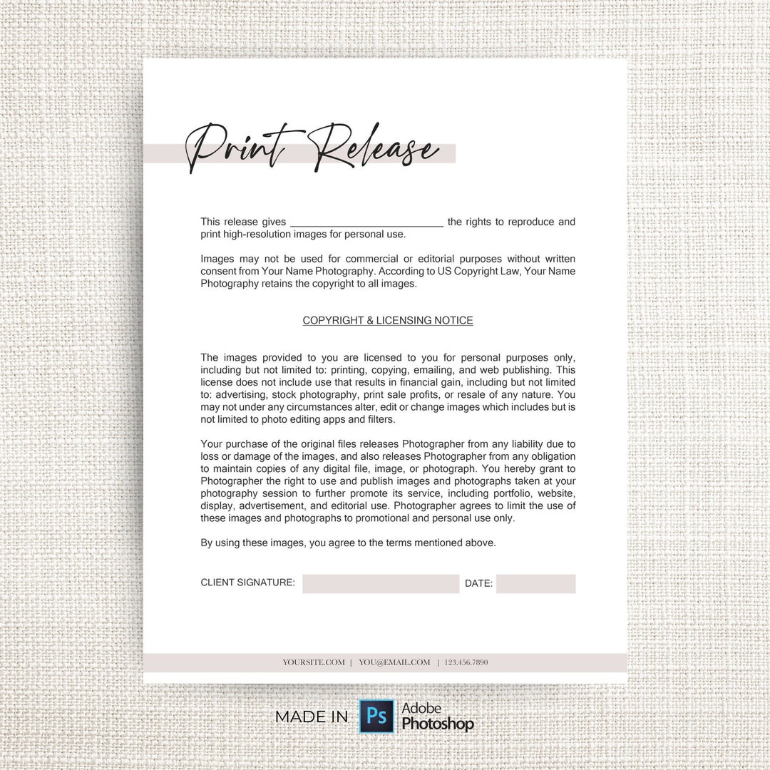 Print Release Template, Photography Marketing, Photographer Templates ...